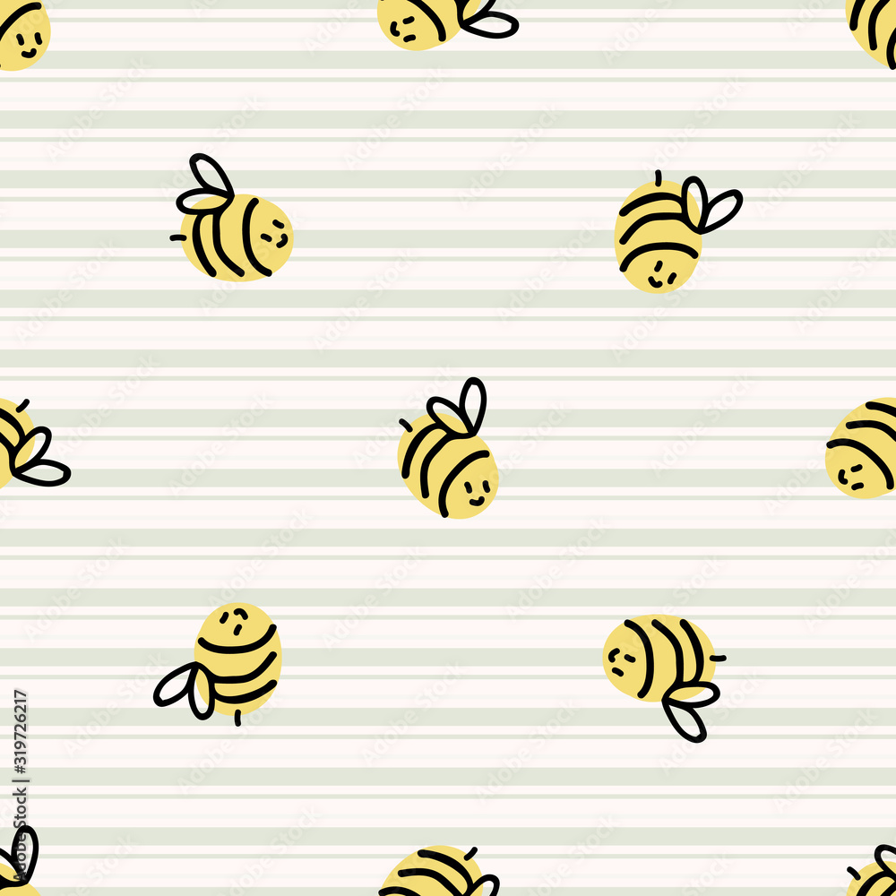 Cute simple stylized bee seamless vector pattern. Hand drawn flying ...