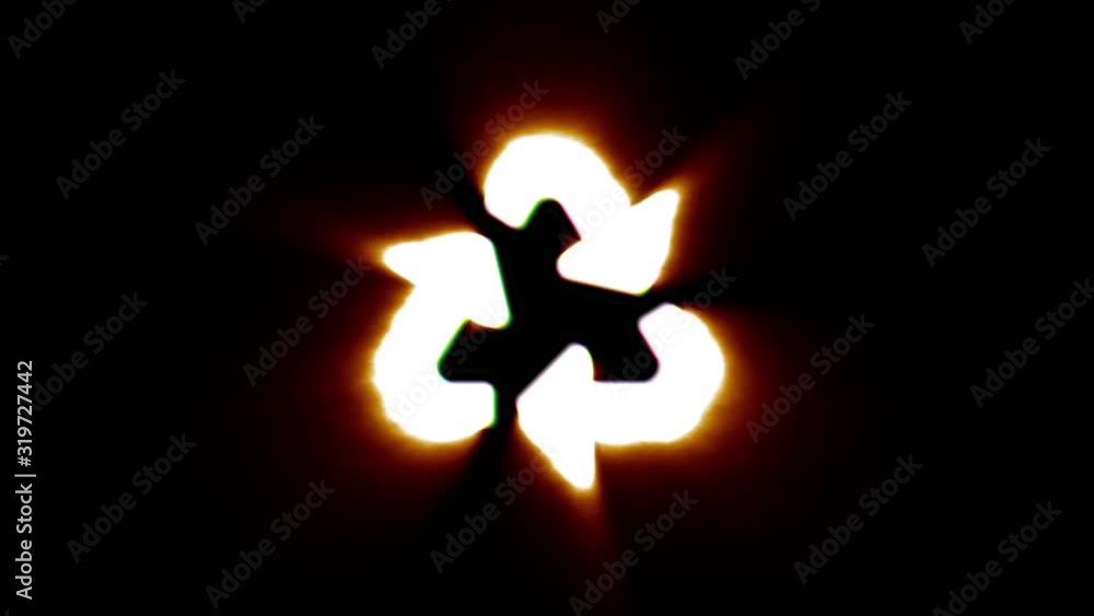 Shiny fire recycle icon fly in center flickers with rgb spectrum colors ...