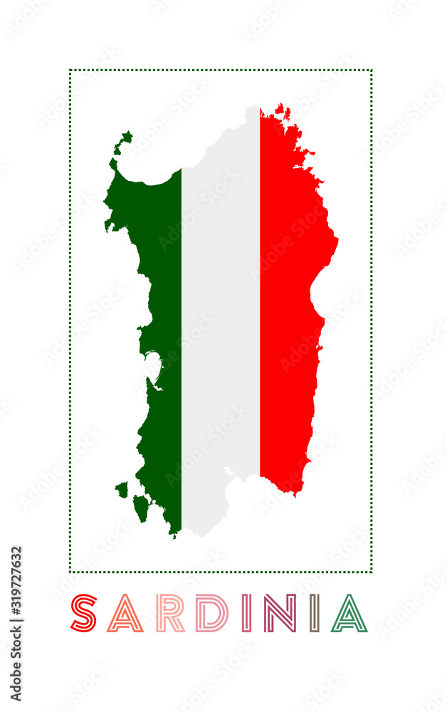 Sardinia Logo. Map of Sardinia with island name and flag. Authentic ...