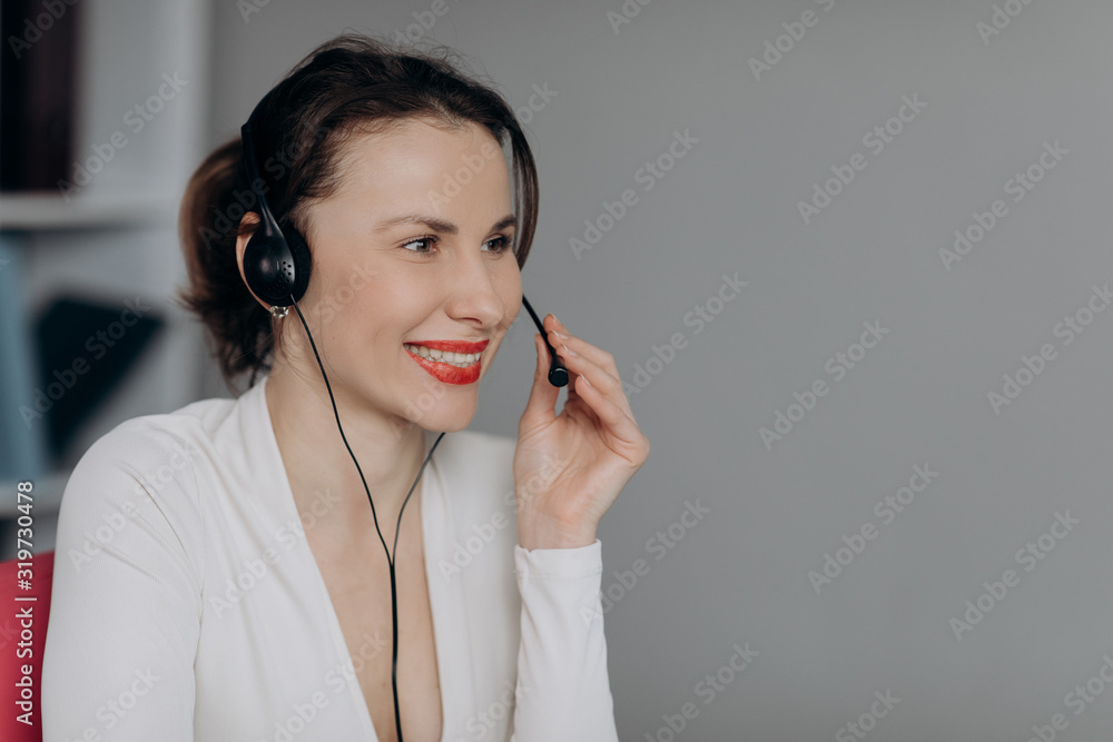 Call-centre lady employee happy of conversation with customer calling by headset Stock Photo ...