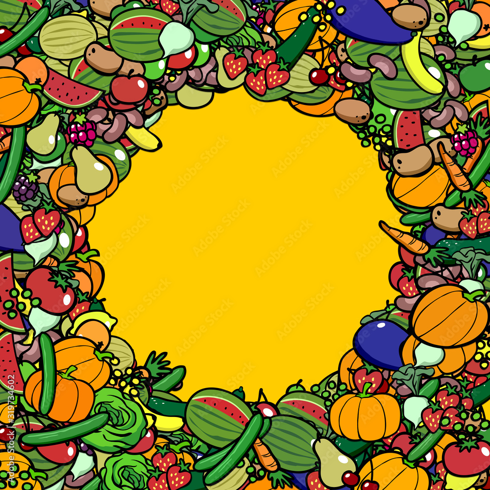 Viel Cartoon Obst und Gemüse als runder Rahmen Stock Illustration ...