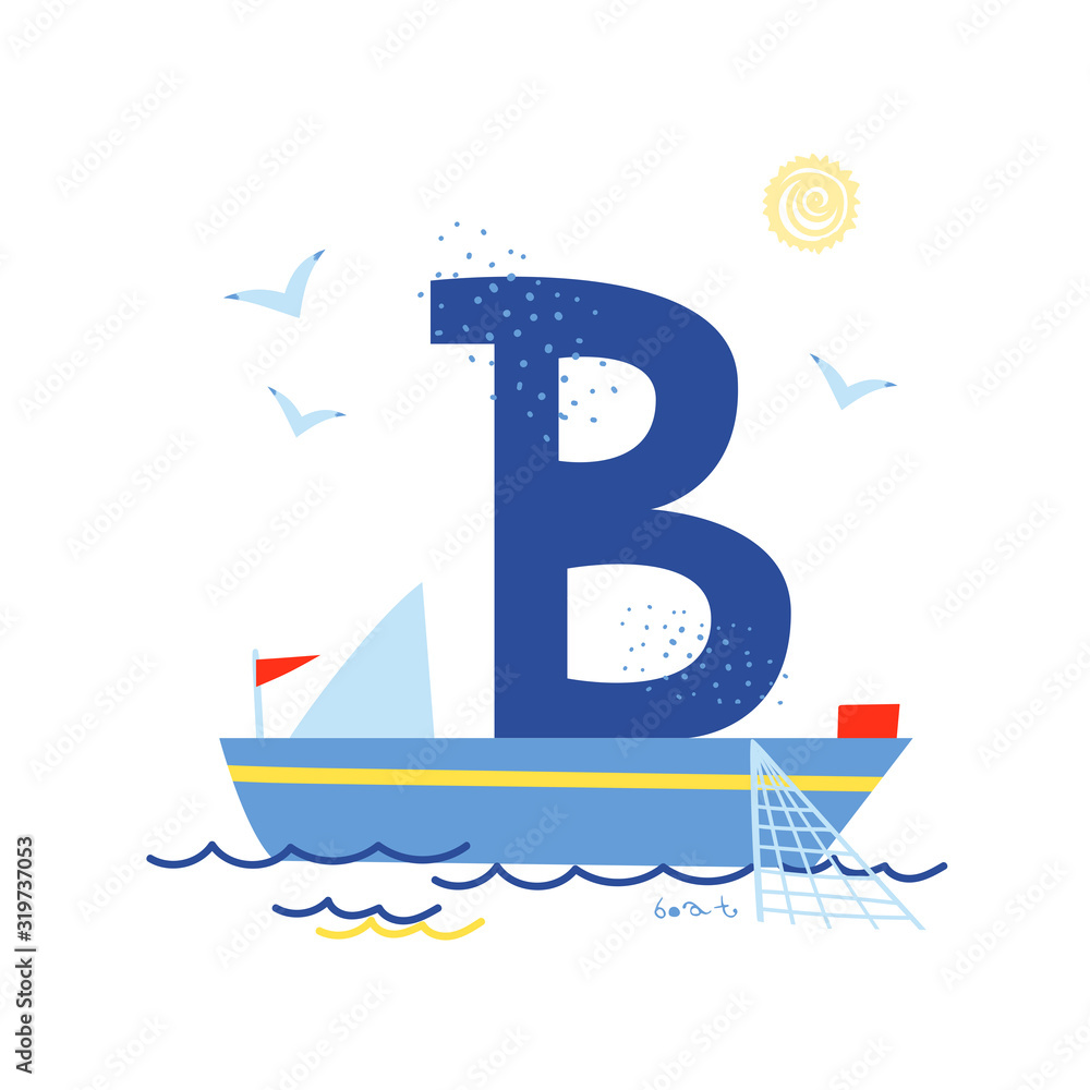 Funny marine alphabet for kids education. Vector handwritten typeface ...