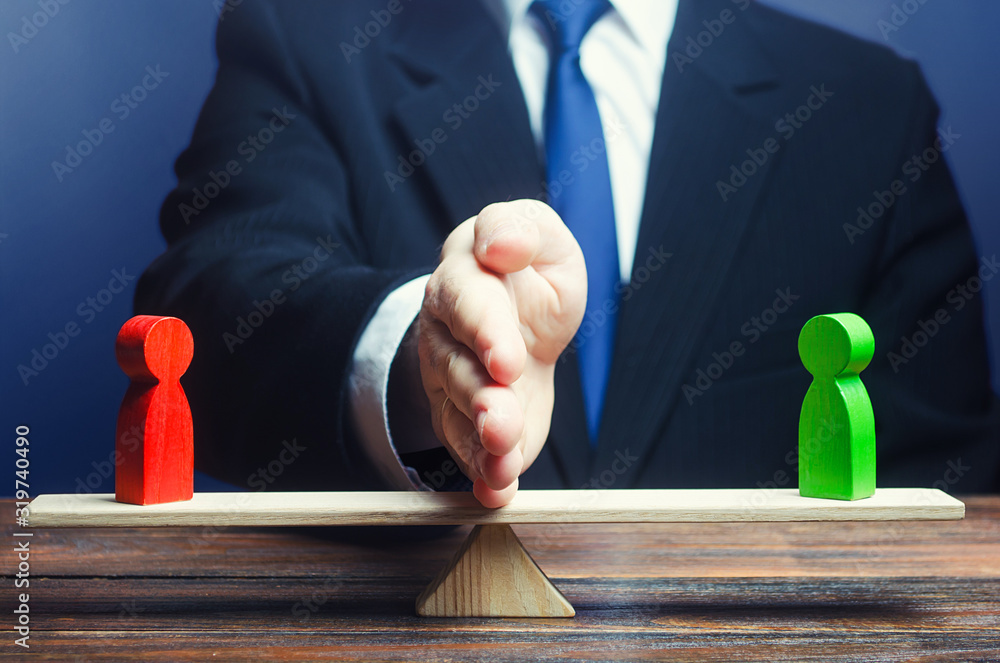 Man divides conflicting sides parties with a hand on scales. Avoidance ...