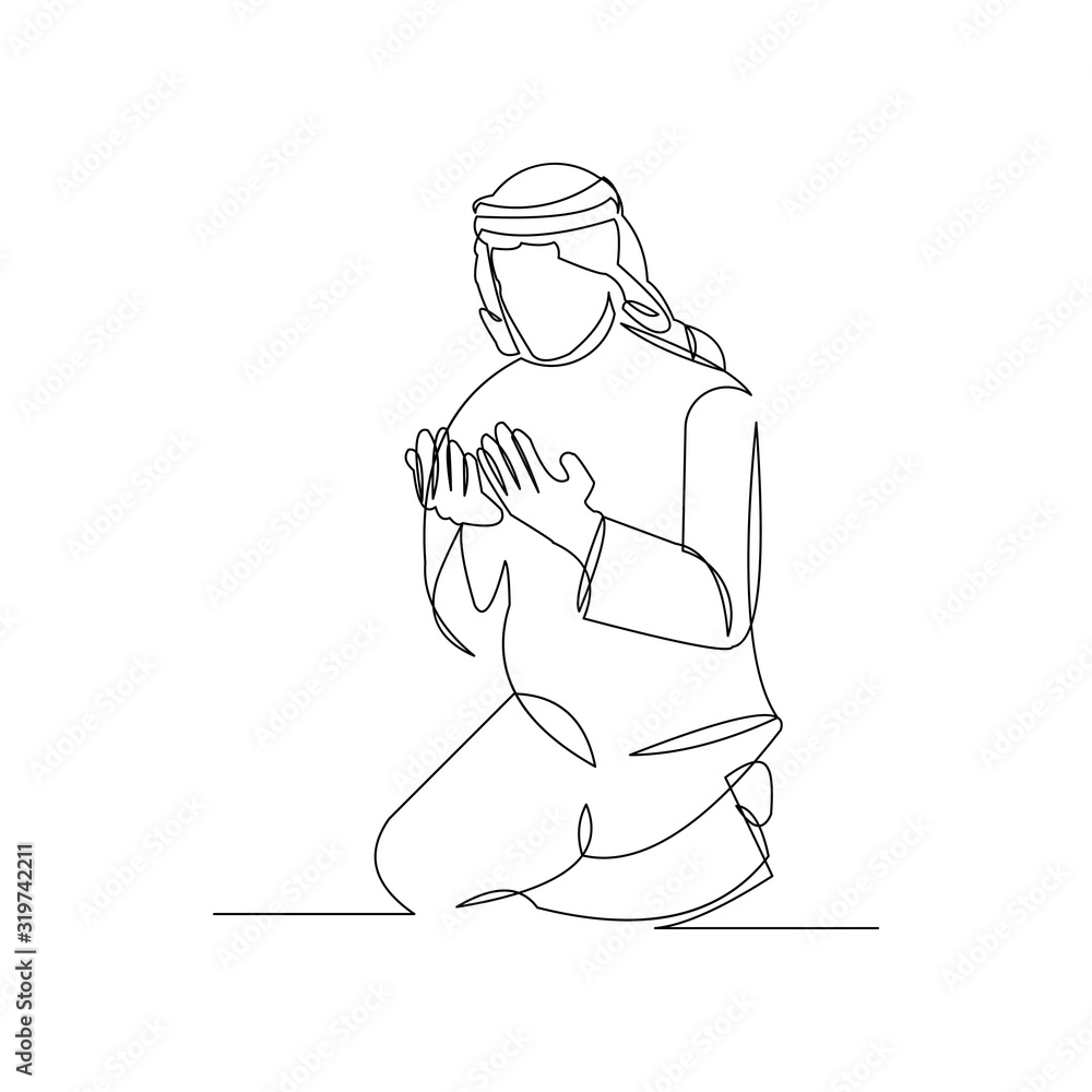 Continuous line drawing of muslim man pray and raise hand can use for ...