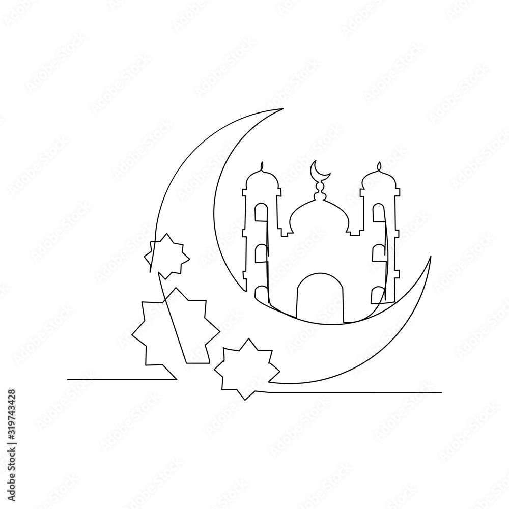 Continuous line drawing of muslim mosque and moon can use for ramadan ...