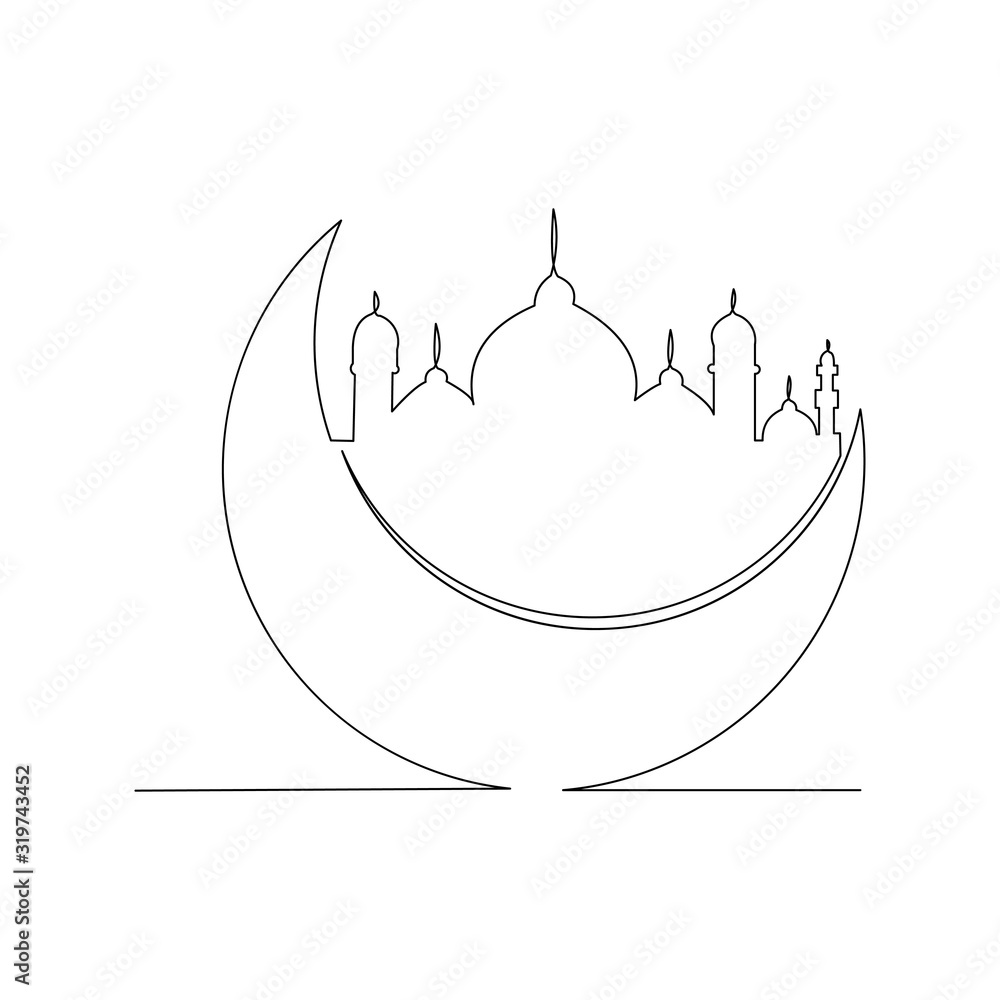 Continuous line drawing of muslim mosque and moon can use for ramadan ...