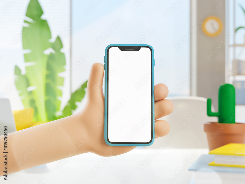 Cartoon device Mockup. Cartoon hand holding phone at his desk in the ...