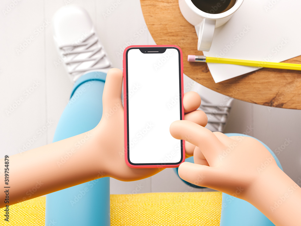 Cartoon device Mockup. Cartoon hand holding phone in the living room ...