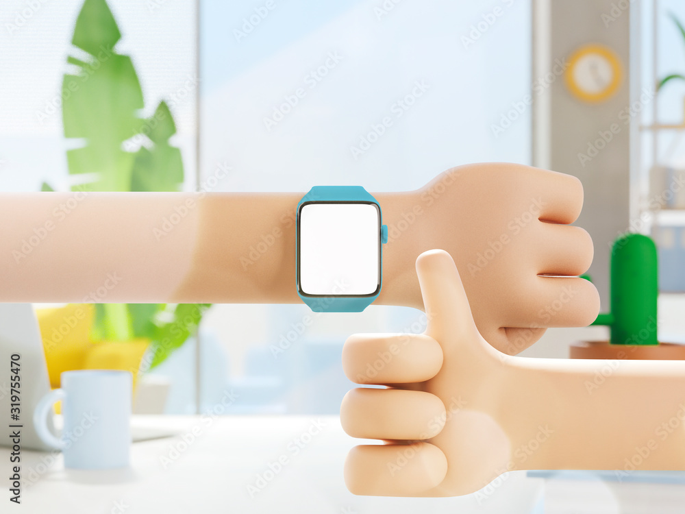 Cartoon device Mockup. Cartoon hand with smart watch at his desk in the ...