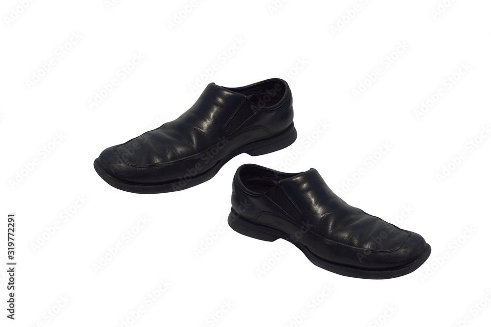 Old classical black leather shoes for men, without shoelaces on a white ...
