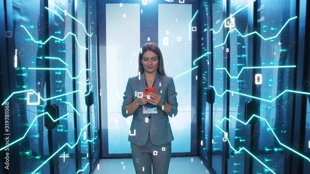 IT Administrator Woman Activating Modern Data Center with Digital Data ...