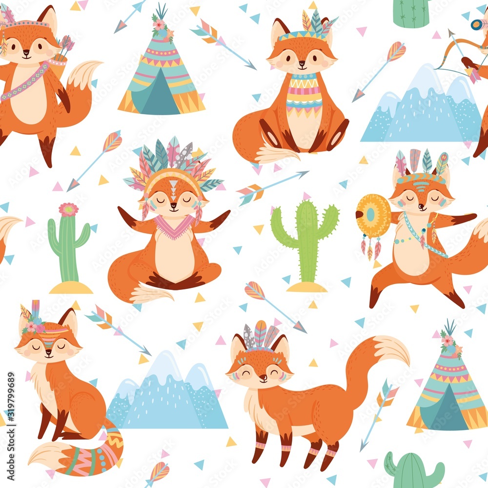 Seamless tribal fox pattern. Cute foxes in Indian feather warbonnet ...