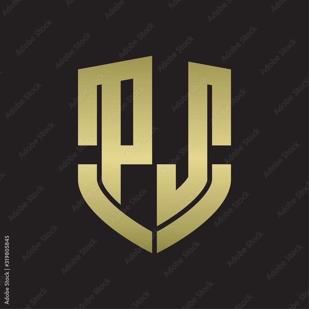 PJ Logo monogram with emblem shield shape design isolated gold colors ...