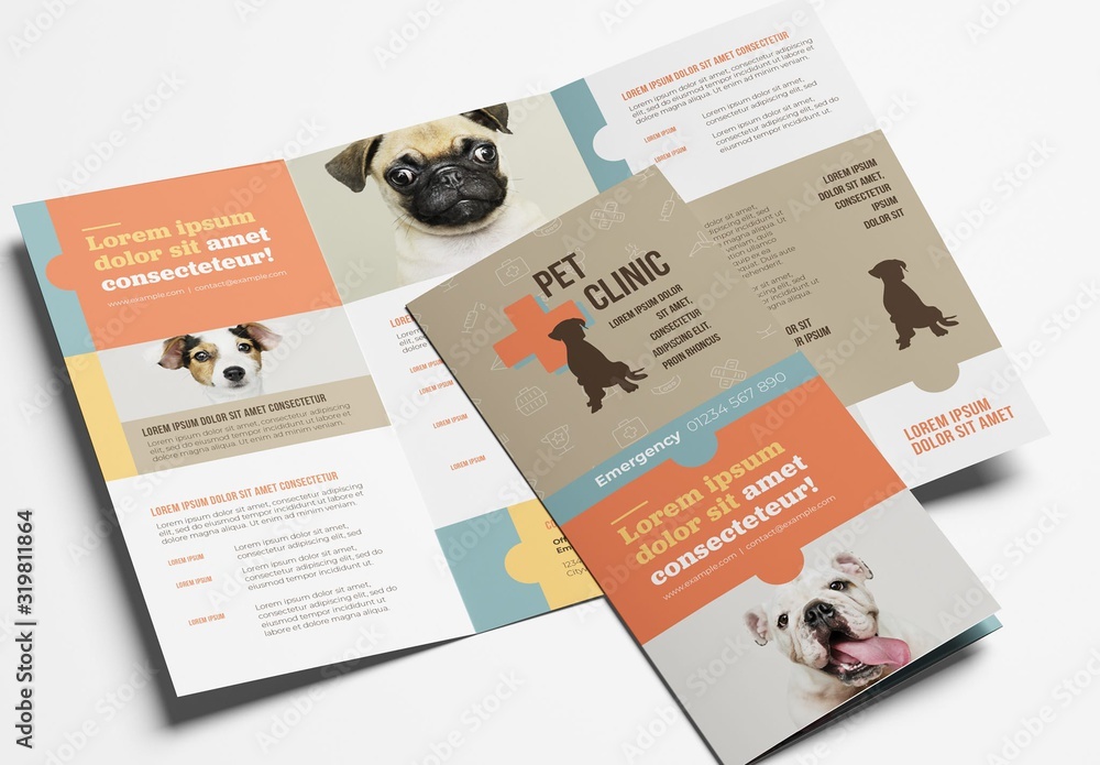 Trifold Brochure Layout with Pet and Vet Service Themed Illustrations ...