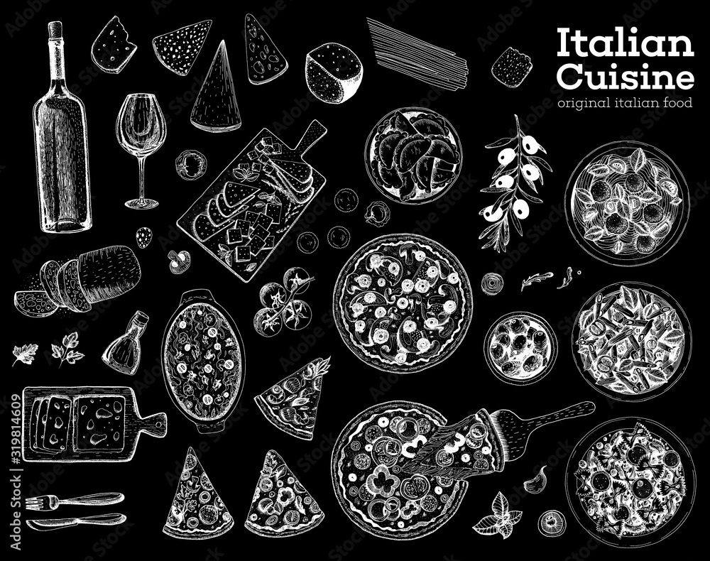 Italian food sketch. Set of Italian dishes with pasta, pizza, ravioli ...