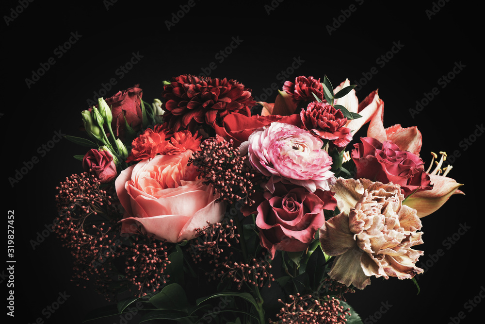 Beautiful bouquet of different flowers on black background. Floral card ...