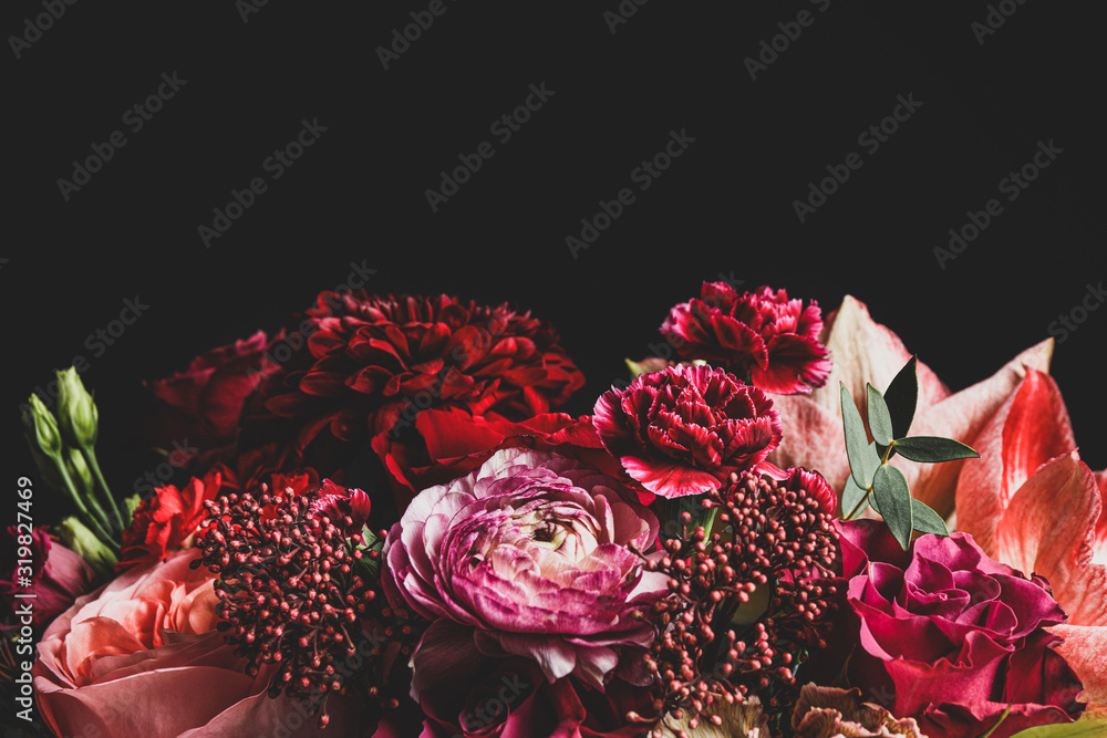 Beautiful bouquet of different flowers on black background. Floral card ...