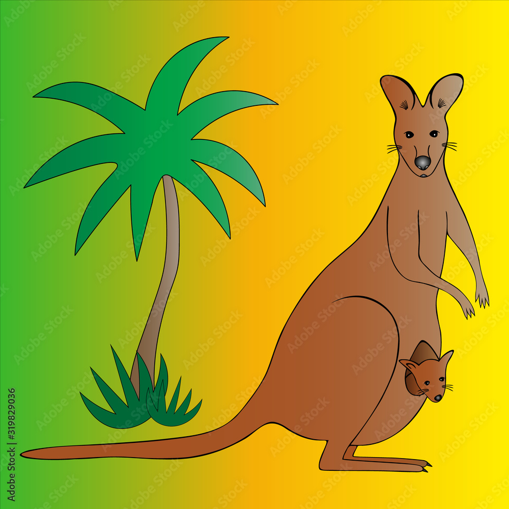 Color vector illustration of a mother kangaroo with a cub. Palm tree ...