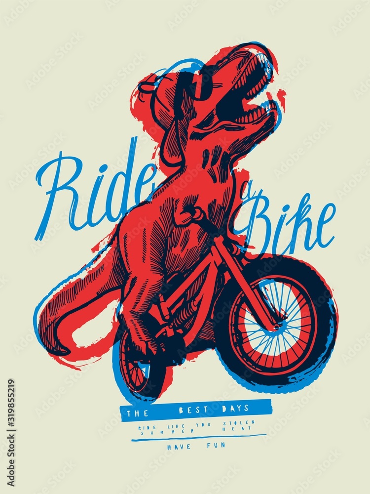 T-rex riding a bicycle laughing. Cute dino sports t-shirt print vector ...