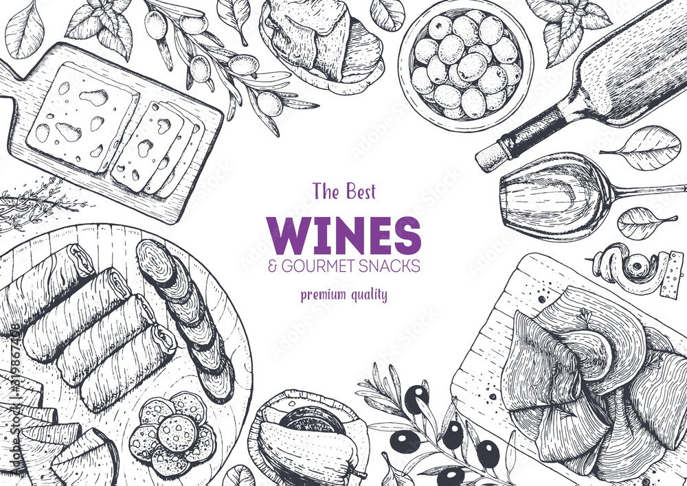 Wines and gourmet snacks frame vector illustration. Snacks for wine ...
