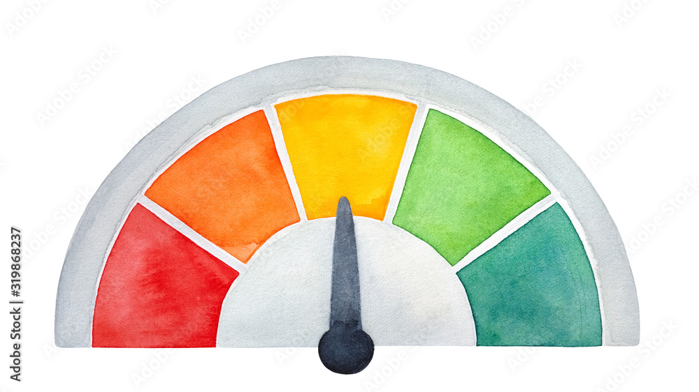 Colorful speedometer sign with five colors (red, orange, yellow, light ...
