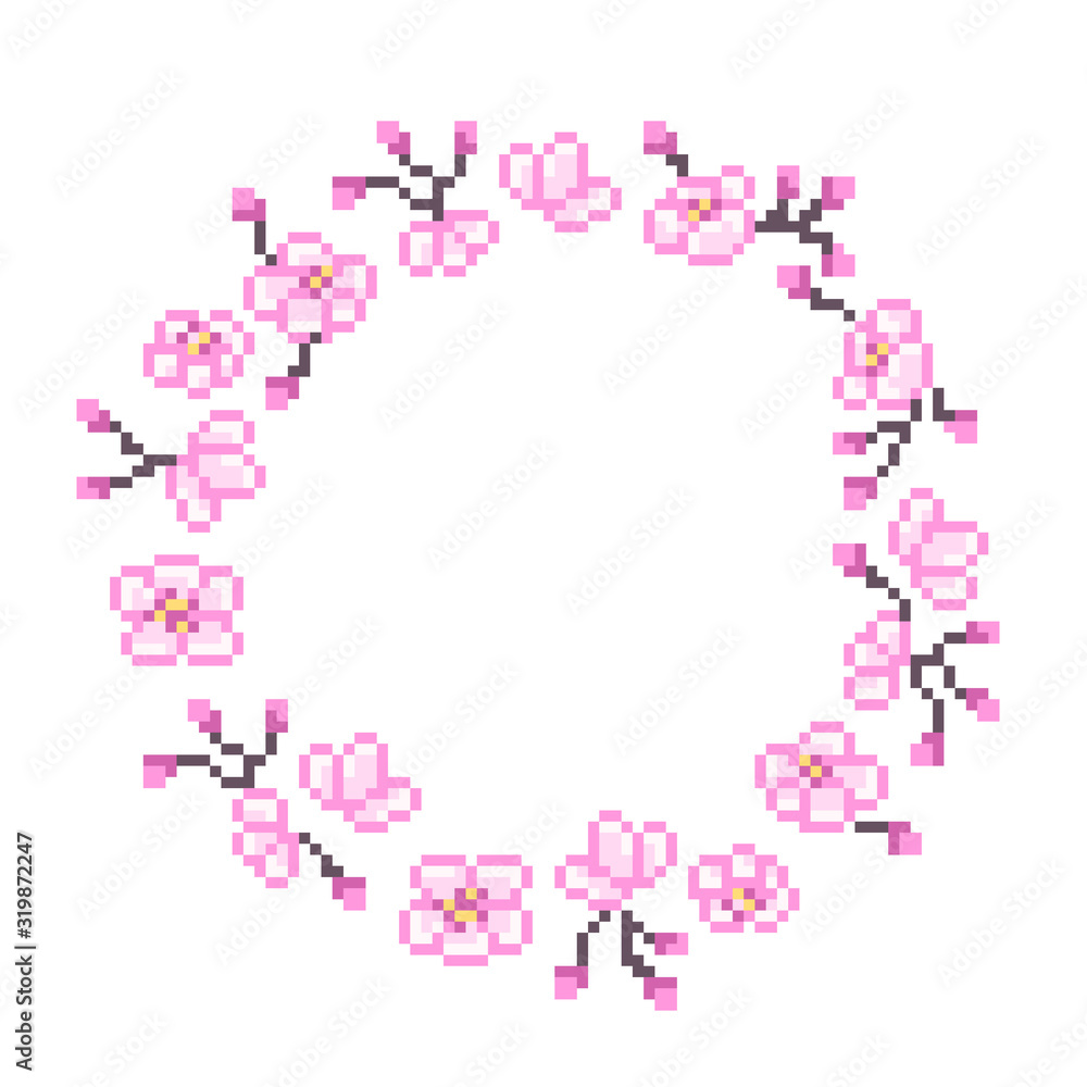 Blooming pink sakura branch with flowers and buds, pixel art round ...