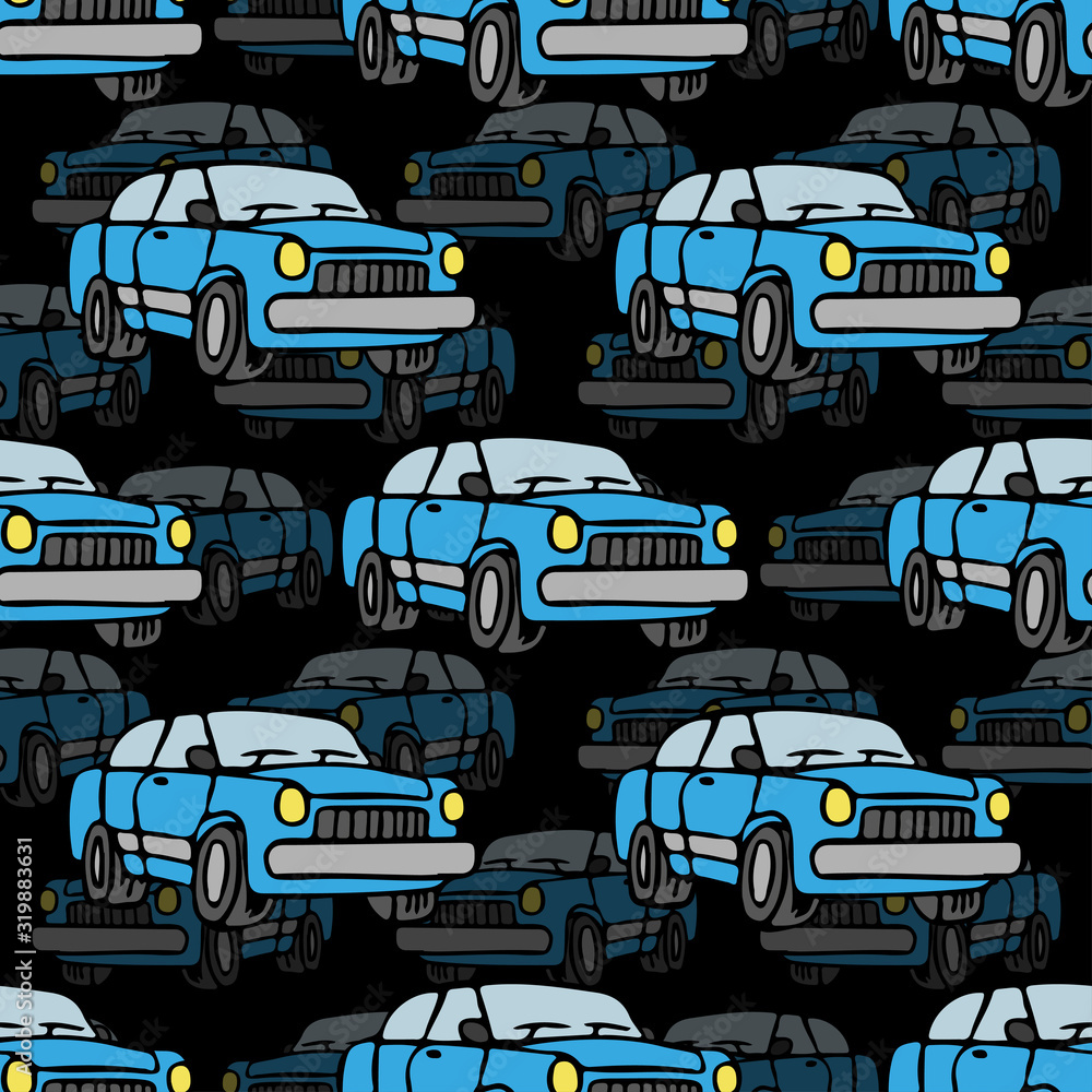 Old classic blue cars on a black background. Seamless pattern. Front ...