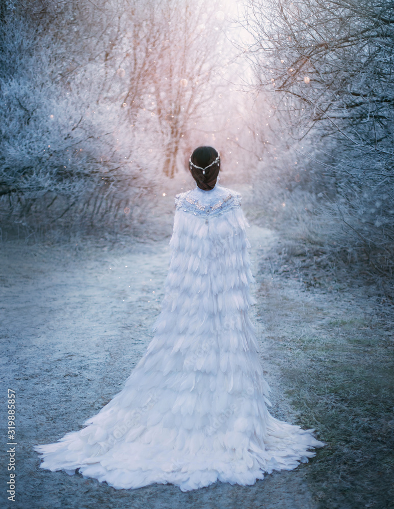 young adult Snow Queen walks ball. Artistic snowy photo shoot. Winter ...