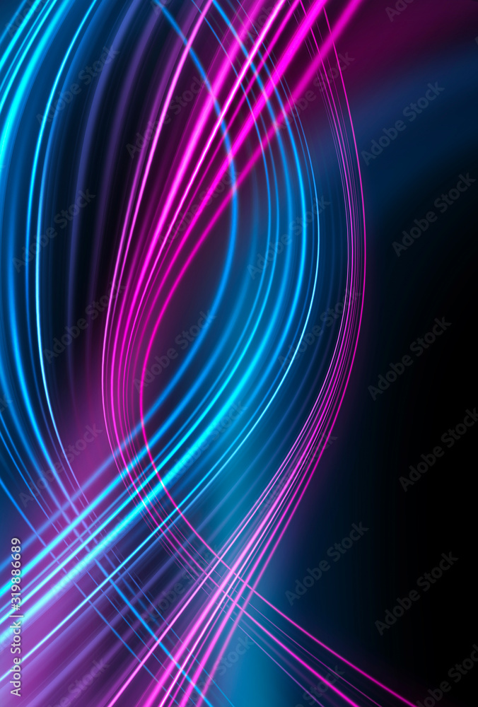 Dark background, blue and pink neon lines. Symmetric reflection of ...