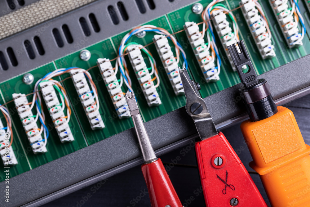 Different types of punch down tool with a blade closeup on an open ...
