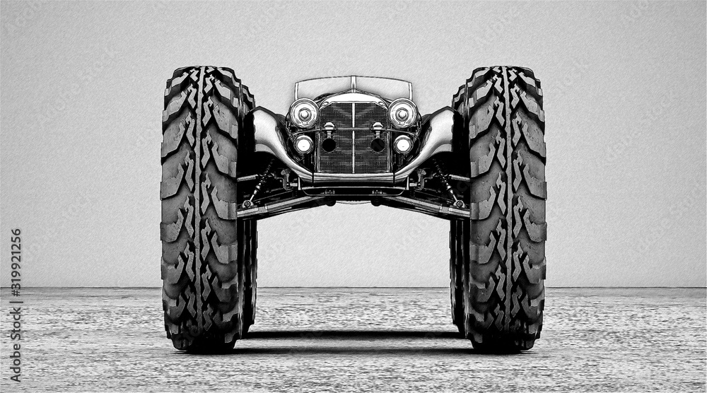 Vintage steampunk car drawing, old 1900s car with giant wheels as a ...