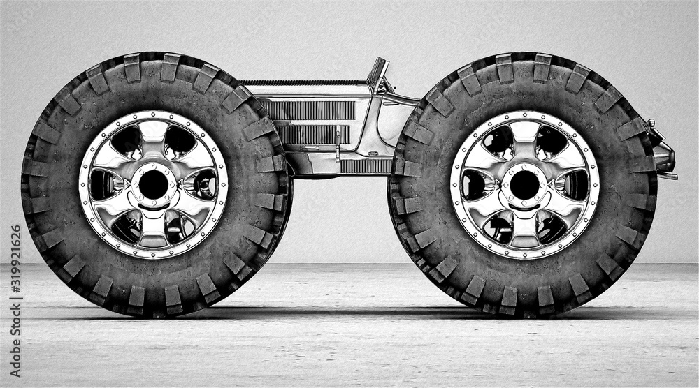 Vintage steampunk car drawing, old 1900s car with giant wheels as a ...