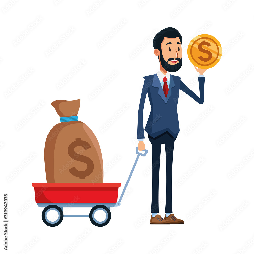cartoon businessman holding up a money coin with trolley with big bag ...