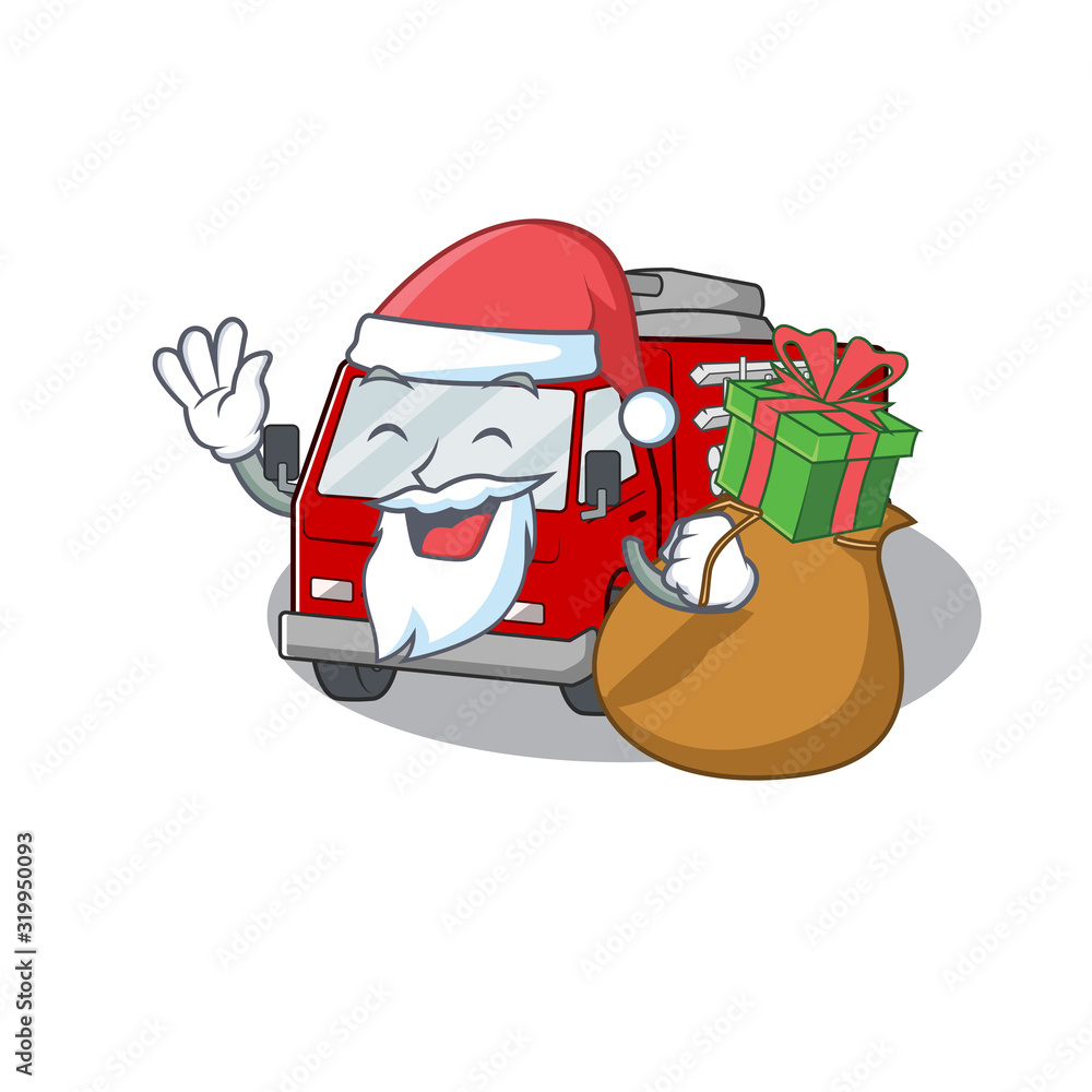 Santa fire truck Cartoon character design having box of gift Stock ...
