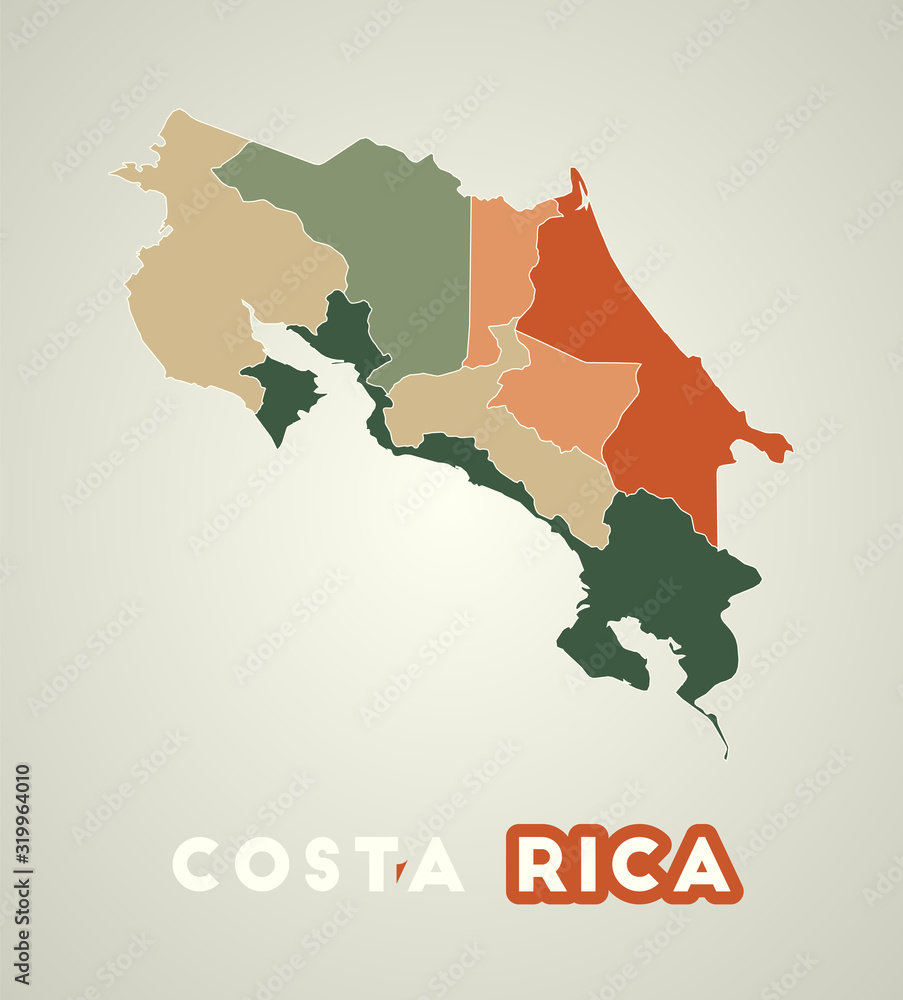 Costa Rica poster in retro style. Map of the country with regions in ...