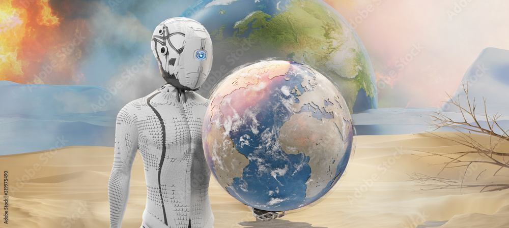 humanoid robot artificial intelligence desert planet earth 3d ...