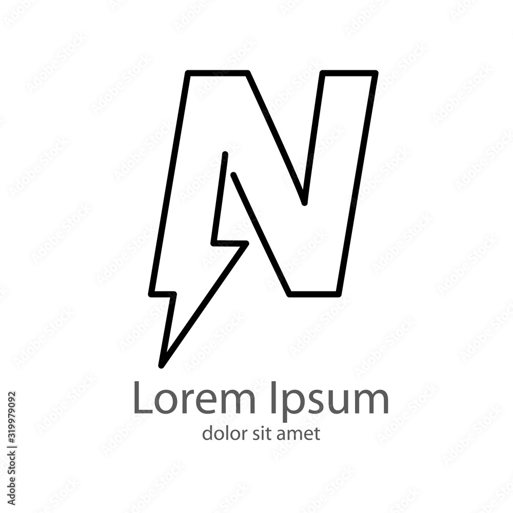 Inicial letra N con rayo. Icono lineal en color negro Stock Vector ...