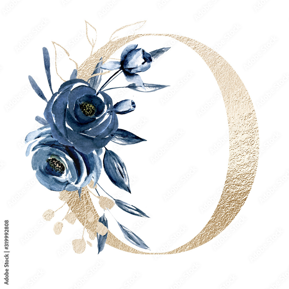 O letter with blue flowers, gold monogram, hand drawn watercolor ...