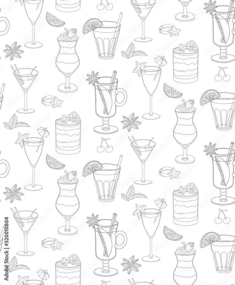 seamless vector pattern with cocktails and ice cream. Monochrome ...
