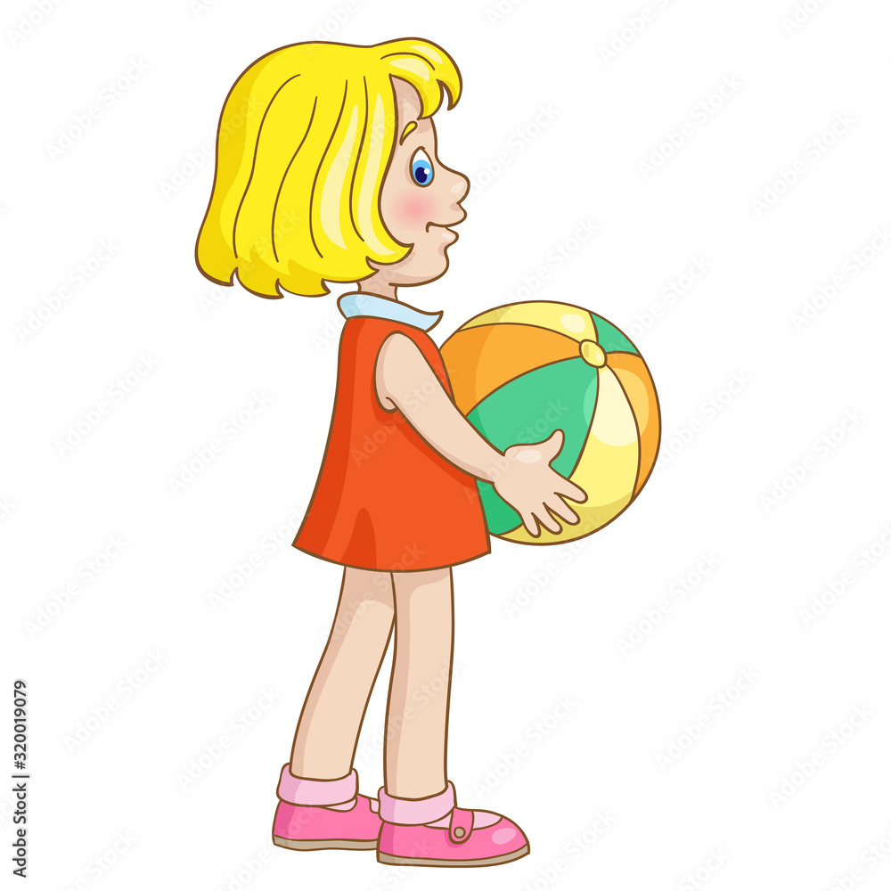 Little cute girl with a big ball in her hands. In cartoon style ...