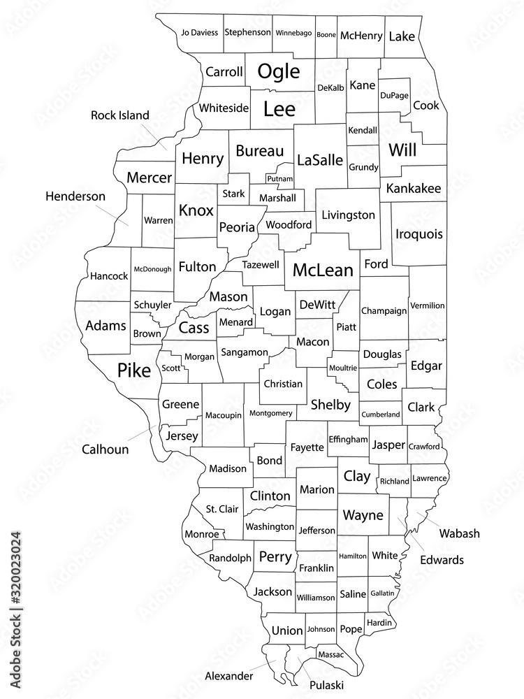 White Outline Counties Map With Counties Names of US State of Illinois ...