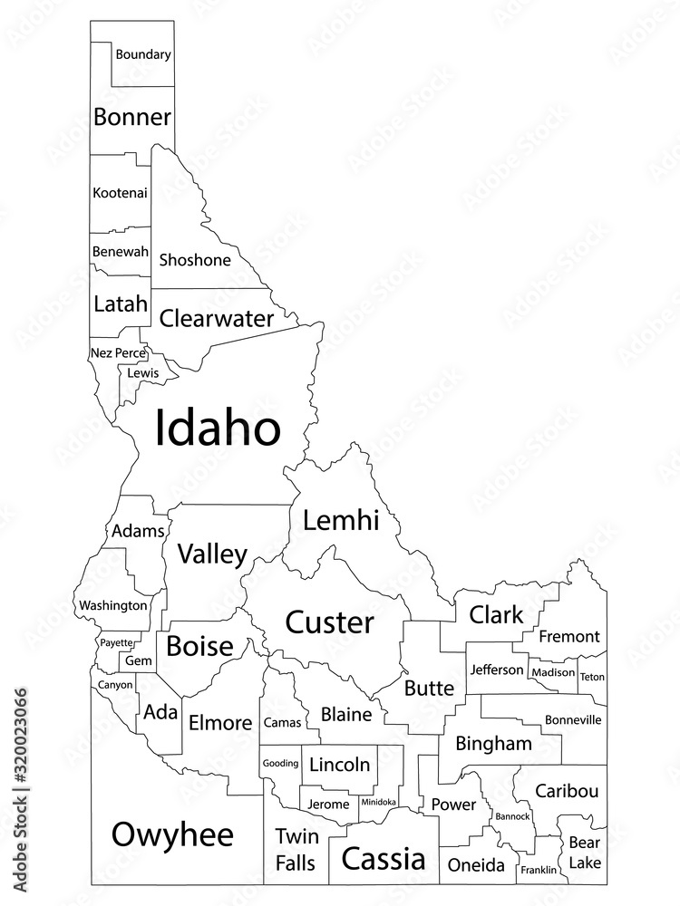 White Outline Counties Map With Counties Names of US State of Idaho ...