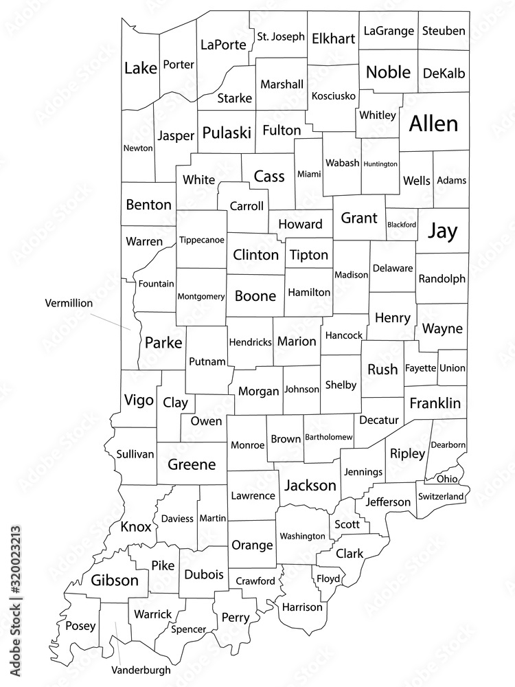 White Outline Counties Map With Counties Names of US State of Indiana ...