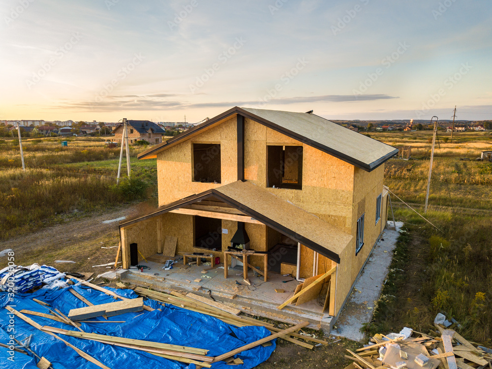 Construction of new and modern modular house. Walls made from composite ...