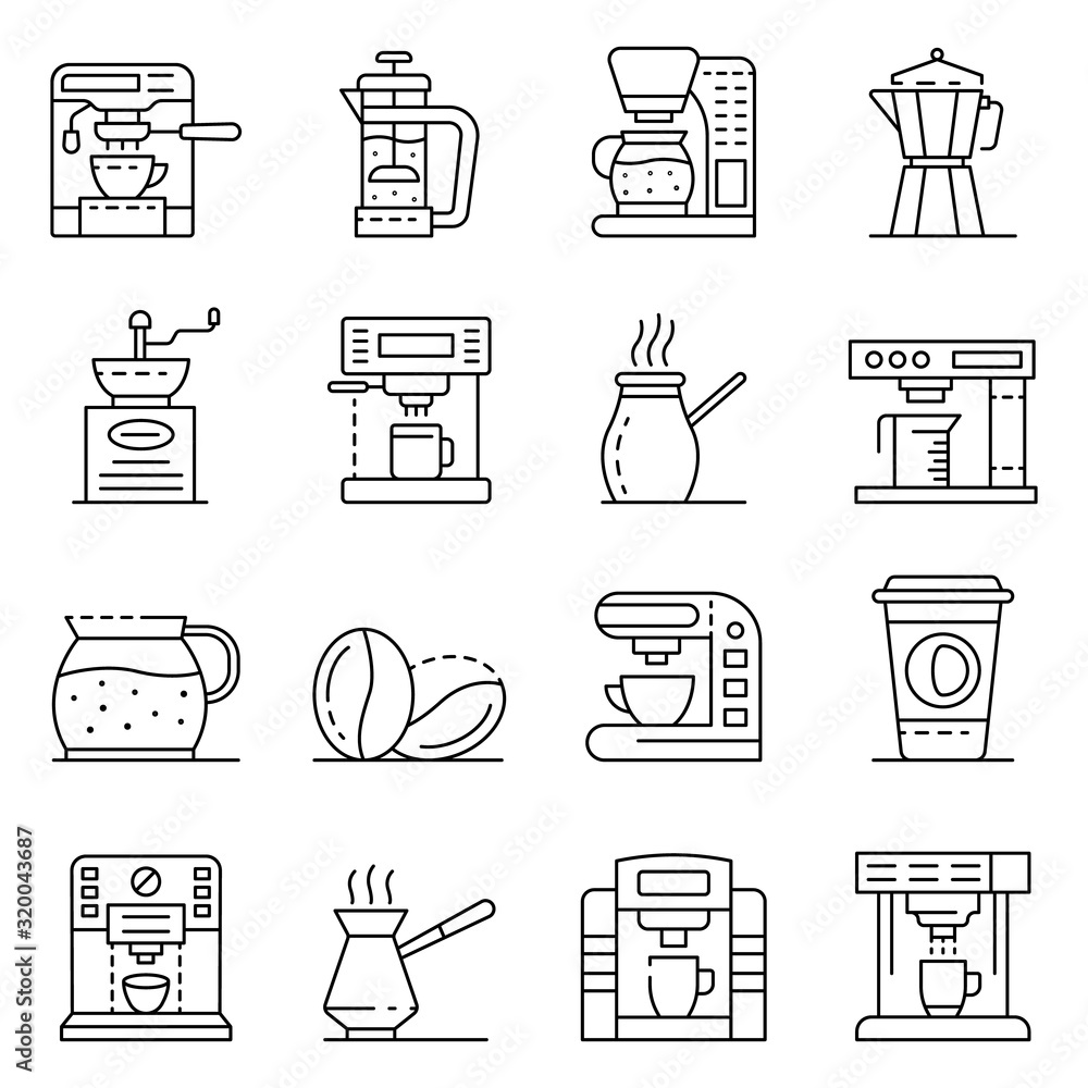 Coffee maker icons set. Outline set of coffee maker vector icons for ...