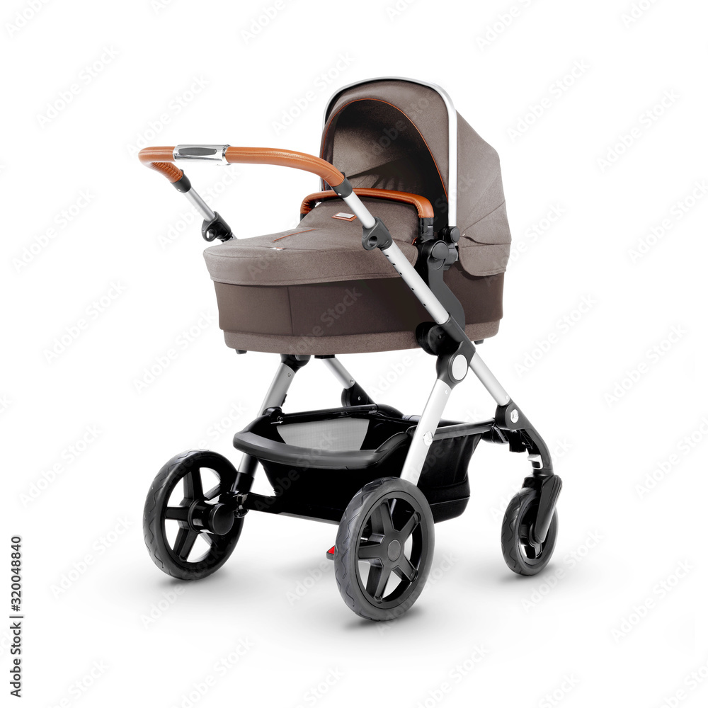 Pram Isolated on White Background. Side View of Baby Transport. Brown ...