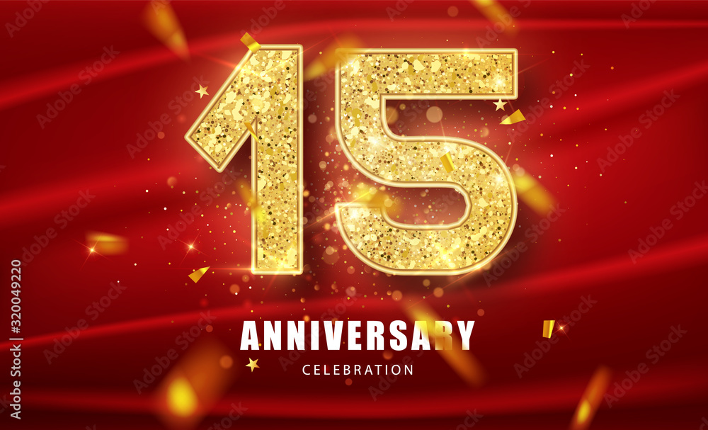 15th Anniversary celebration. Golden glitter numbers with sparkling ...