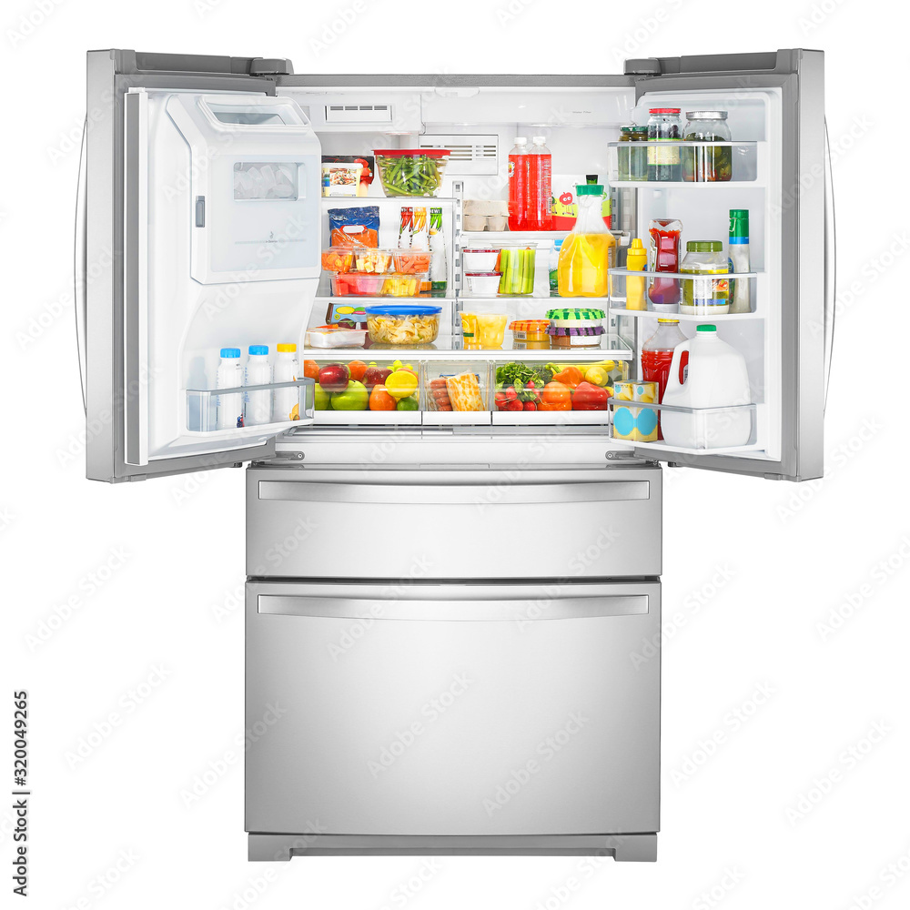 Refrigerator with Food Isolated on White Background. Front View of ...