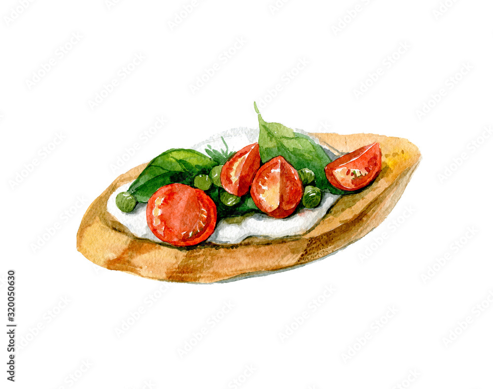 Appetizing bruschetta with tomatoes, cottage cheese and cuppers. Vegetarian food. Watercolor ...
