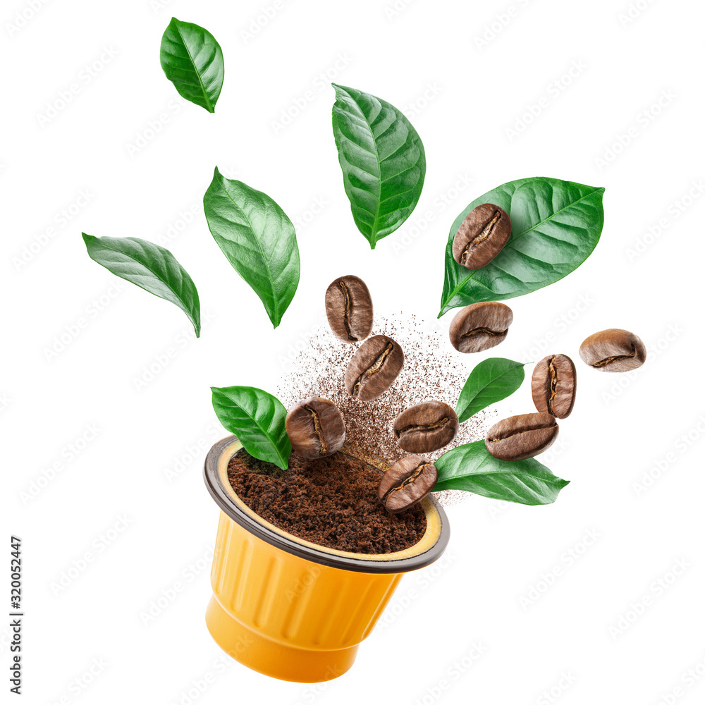 Exploded view of coffee grinder with roasted beans and leaves Stock ...